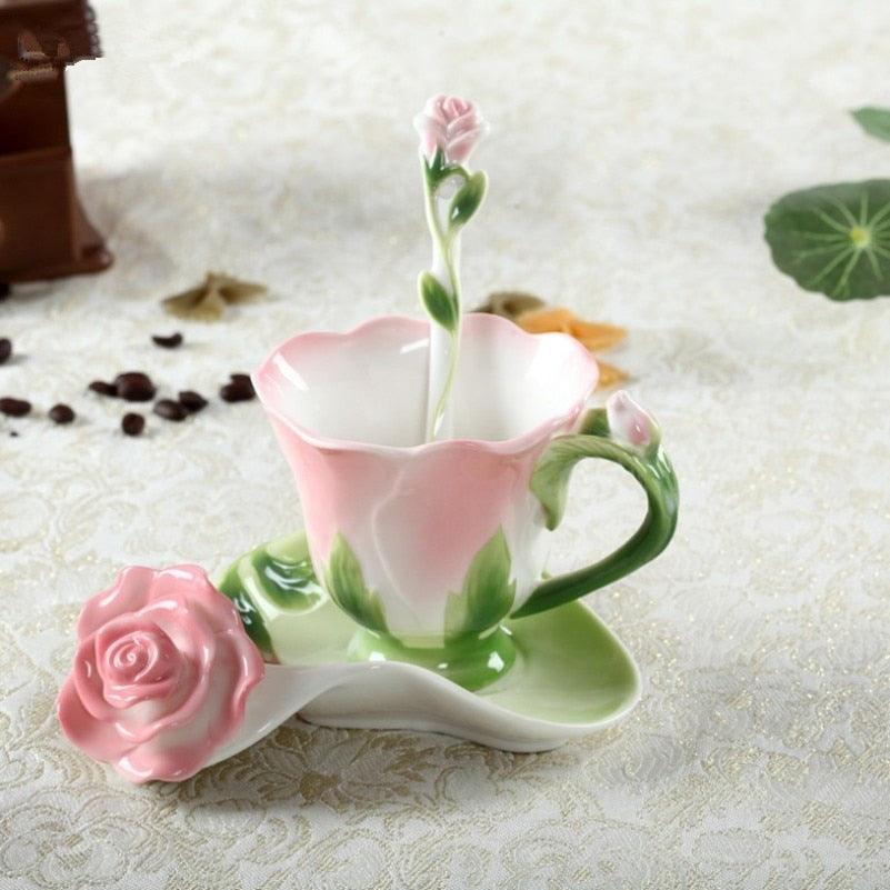 Ceramic Tea Milk Mugs 3D Rose Enamel Coffee Cup Set With Spoon Saucer ...